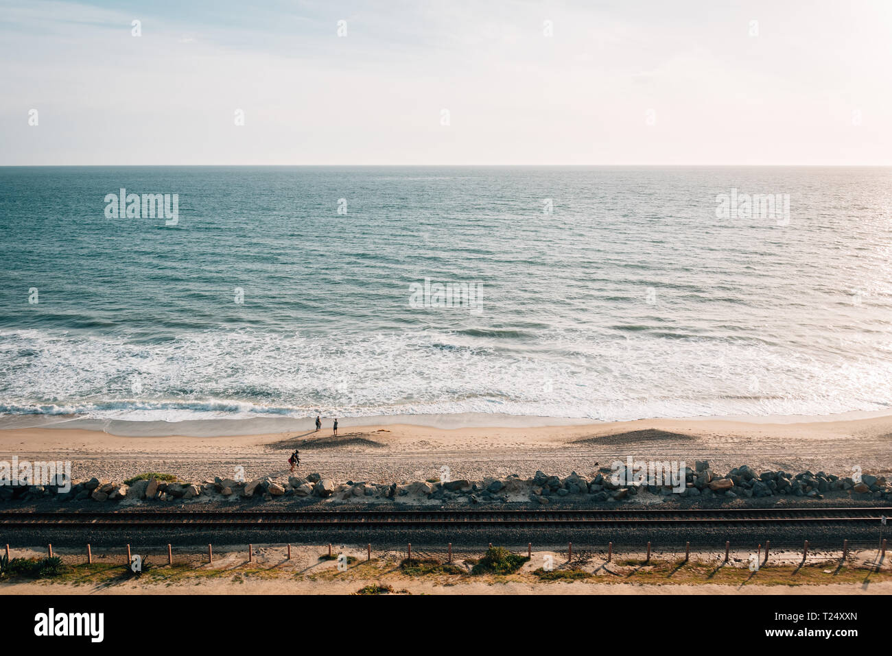 View of railroad tracks and the beach in San Clemente, Orange County ...