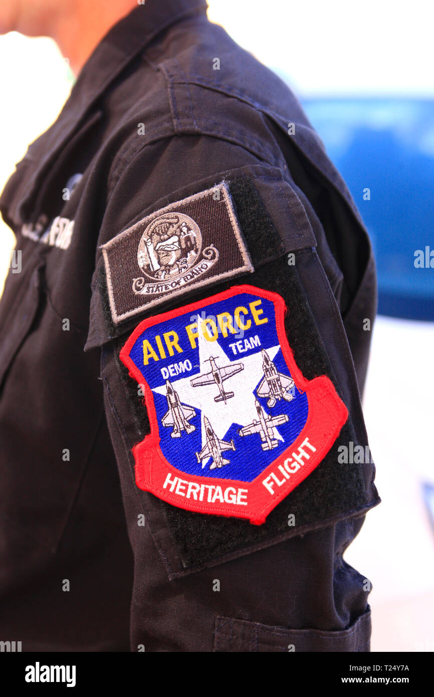 Close-up of the badge on a flight crewmembers arm show they are a ...