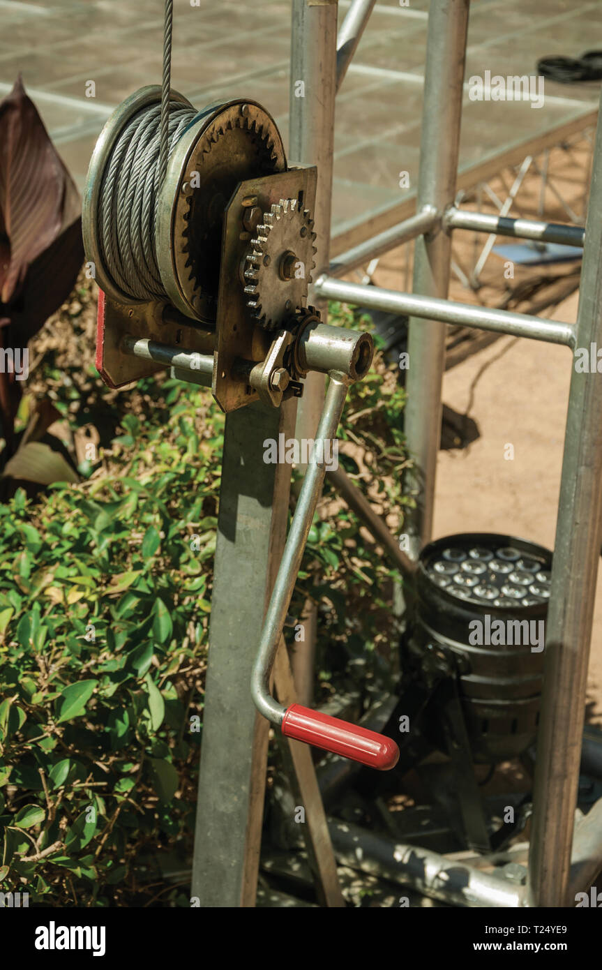 Small metal hand crank for pulling steel cable at the Roman Theater of ...