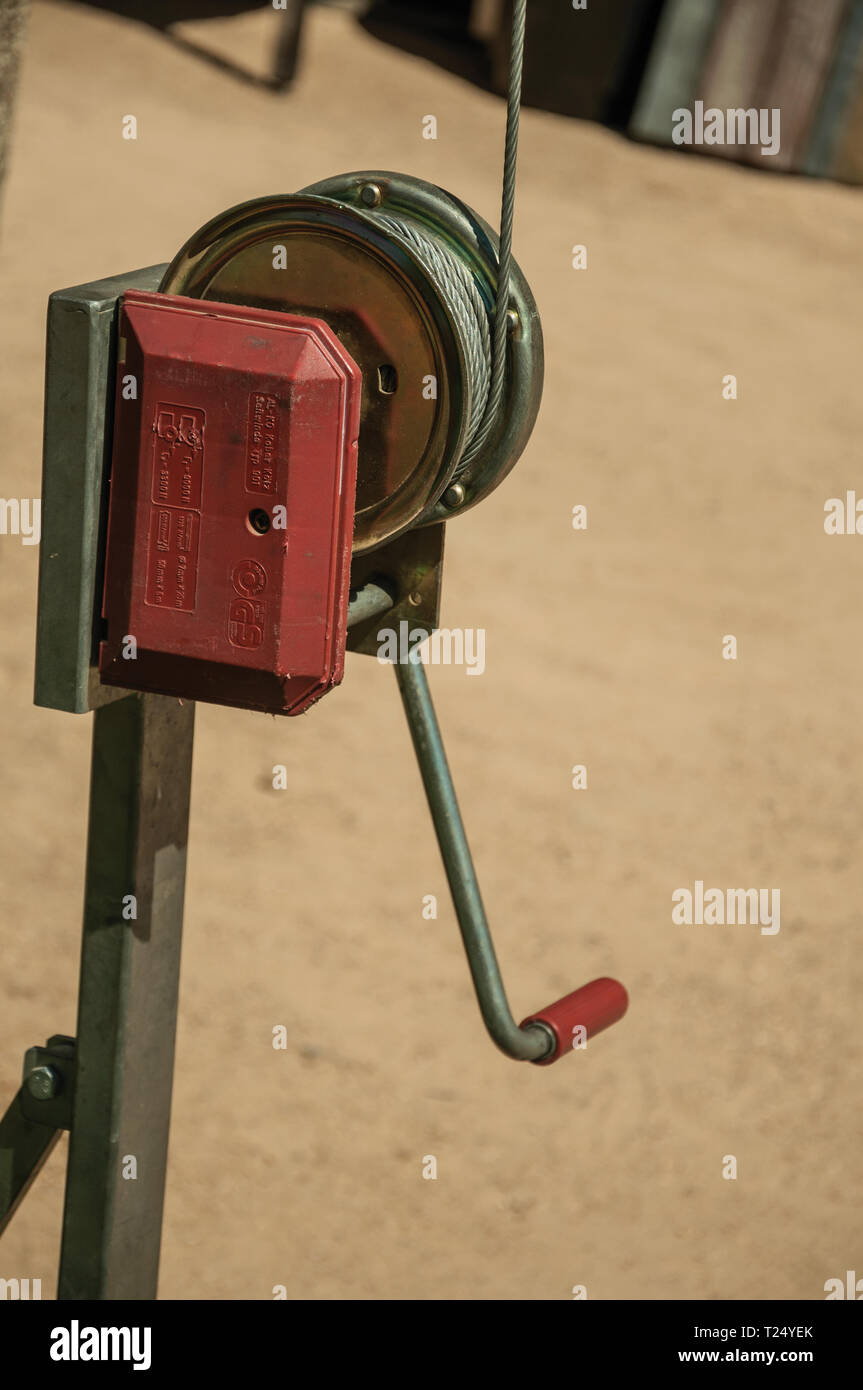 Small metal hand crank for pulling steel cable at the Roman Theater of ...