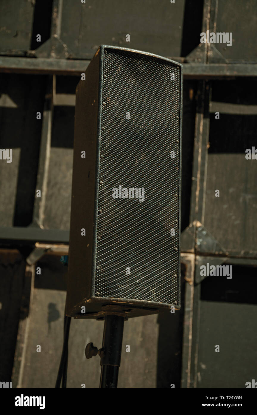 Close-up of black speaker at the Roman Theater of Merida. The city ...