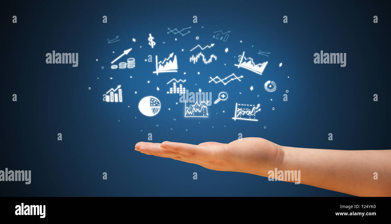 Hand holding application icons and symbols in her hand Stock Photo - Alamy