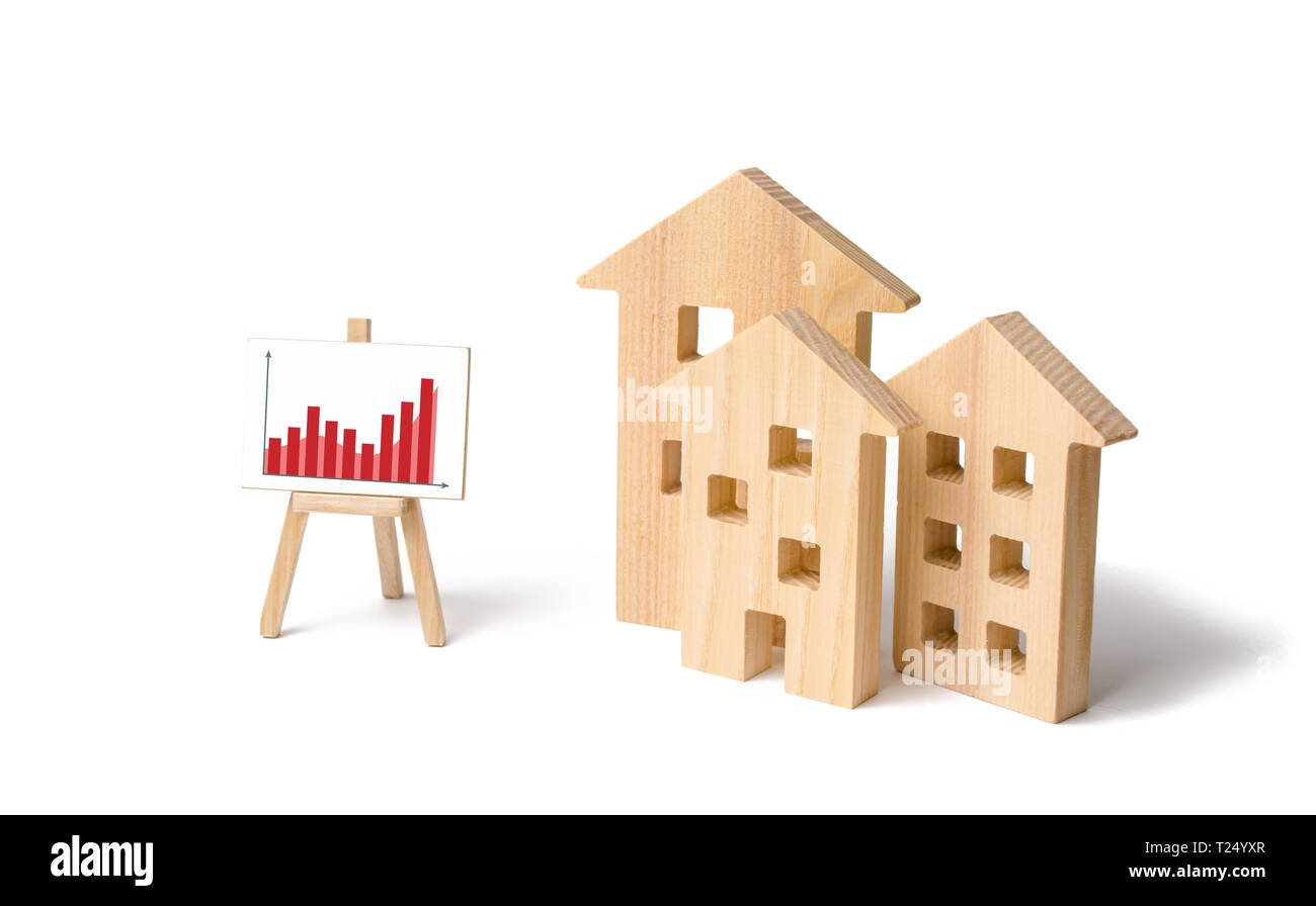 Wooden houses with a stand of graphics and information. Growing demand ...