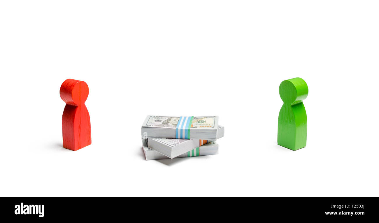 Two persons figures and a bunch of money between them on a white ...