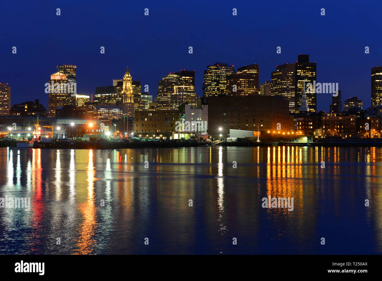 Boston City Skyscrapers, Custom House and Boston Waterfront at night ...