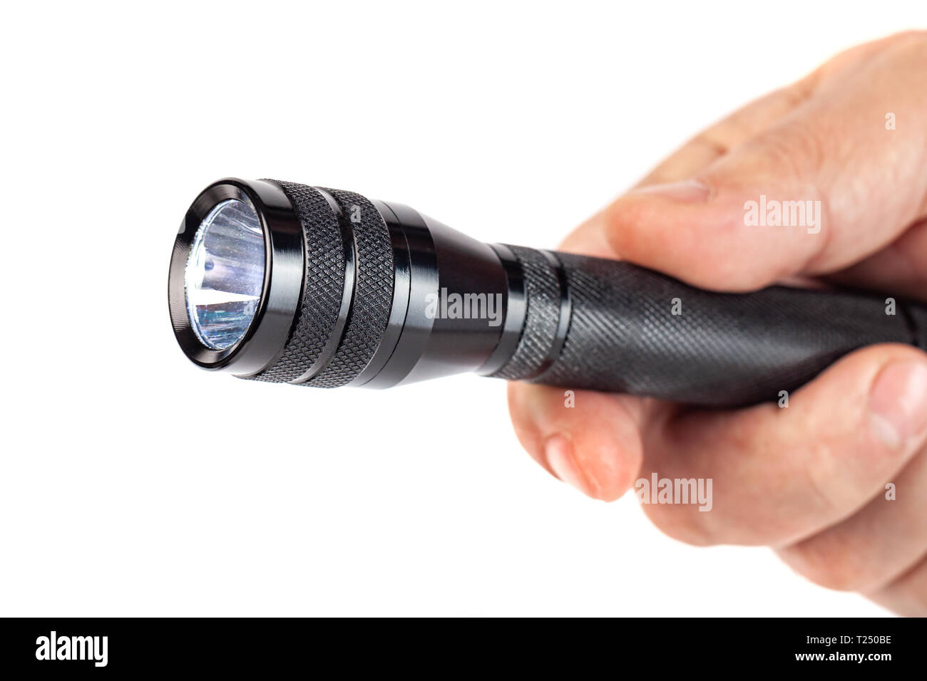 Hand holding flashlight on white background, tools Stock Photo - Alamy