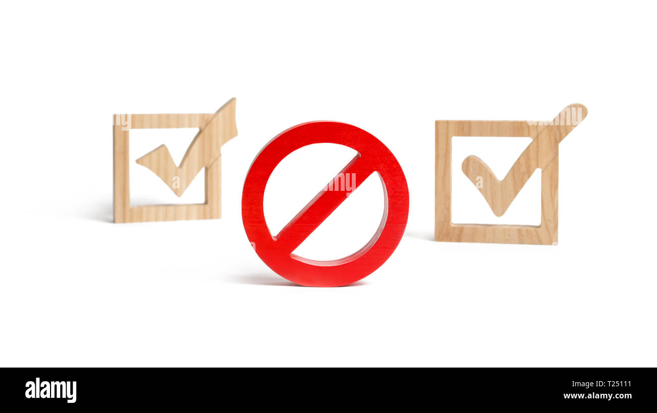 Red NO or prohibition sign. Wooden check marks on the background. The ...
