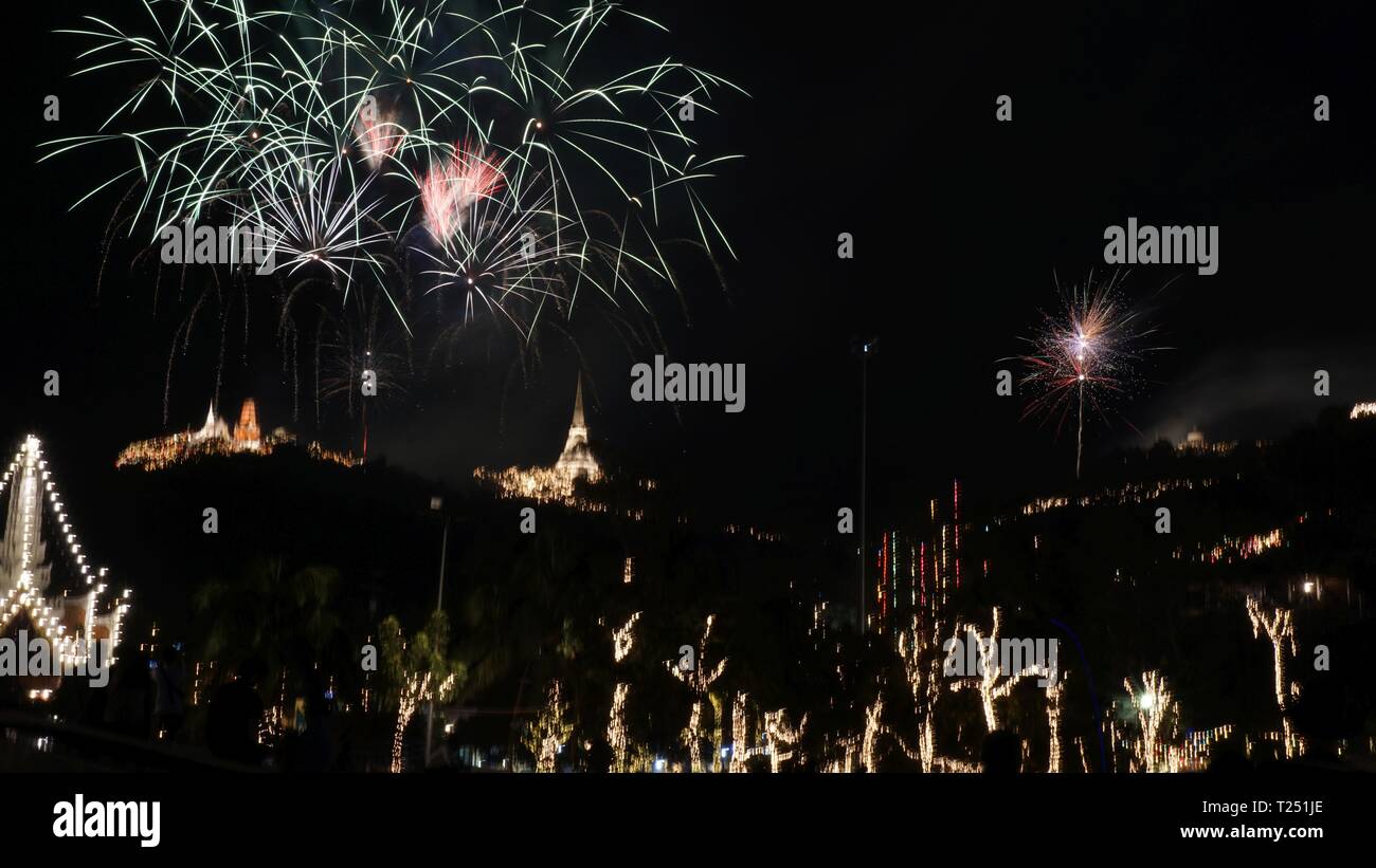 amazing colorful firework at Phetchaburi Phra Nakhon Khiri Festival ...