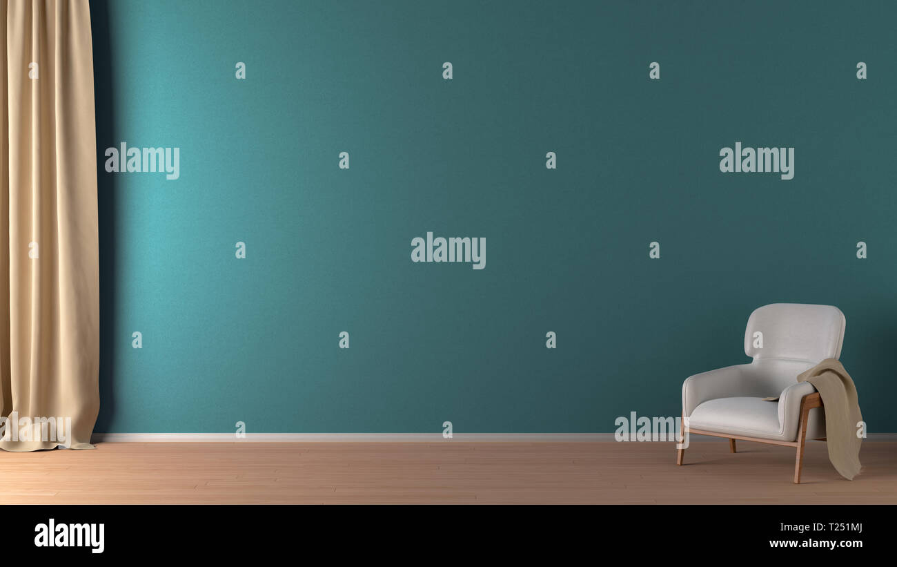 Blank cyan wall in living room interior mock up with flooring, white ...