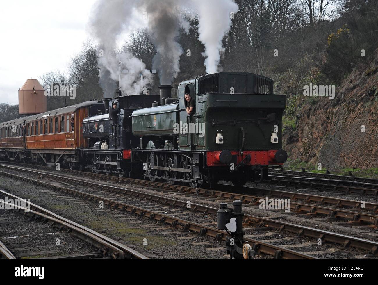 Two GWR pannier tank locomotives numbers 7714 & 6430 leave Bewdley ...