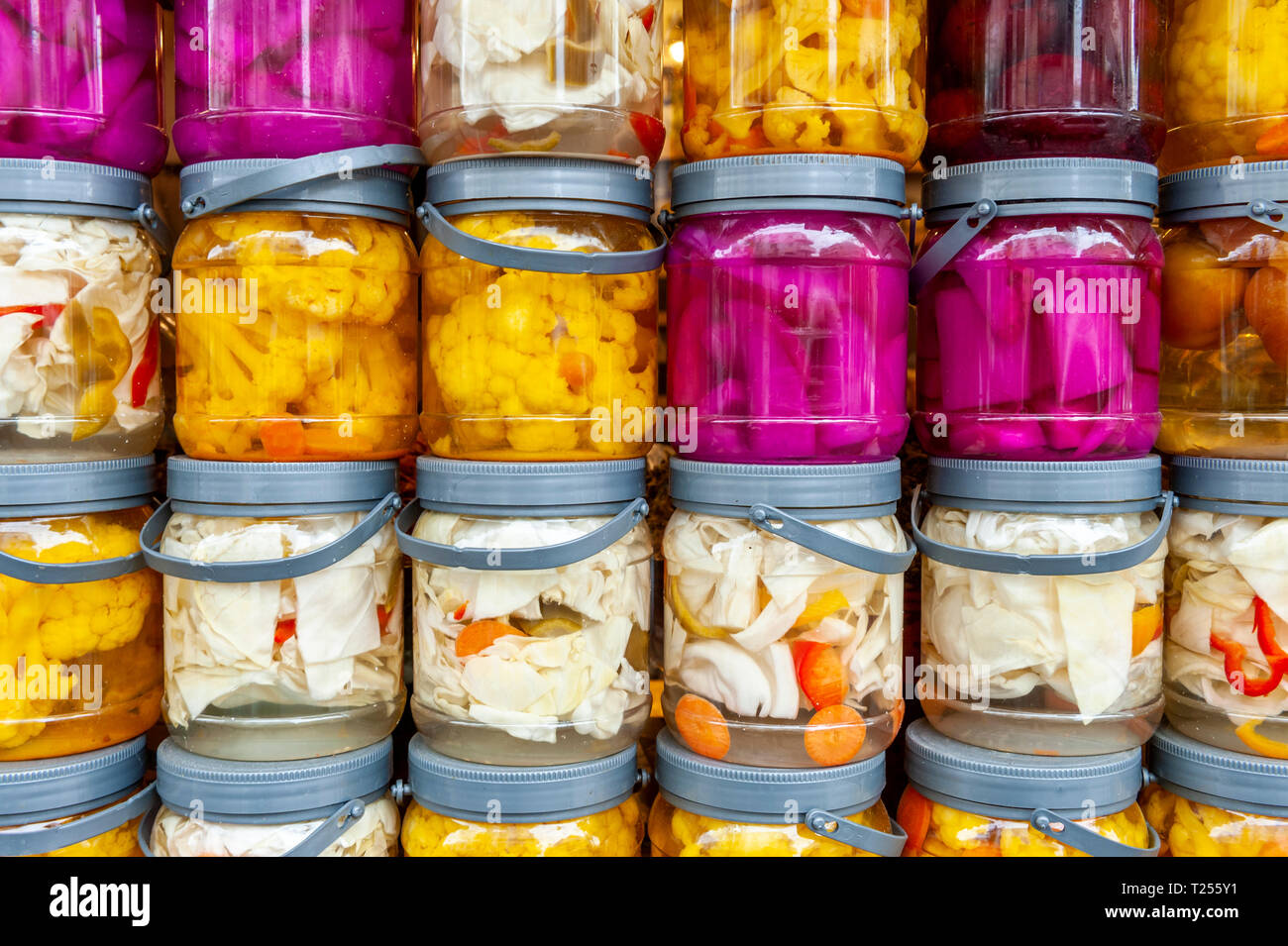 Israel, Tel Aviv-Yafo - 29 March 2019: Fruit and vegetable preserves ...