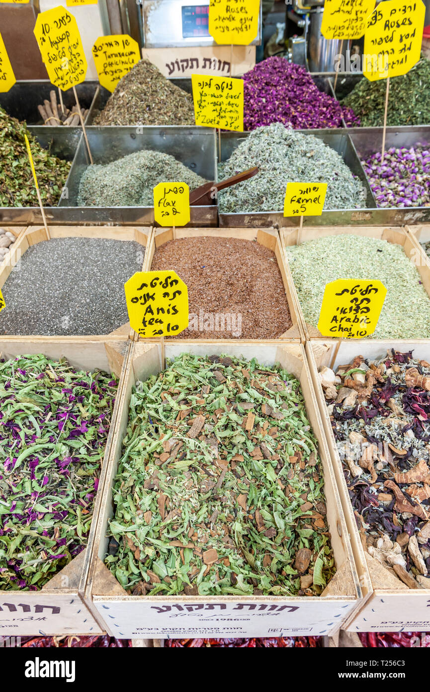 Israel, Tel Aviv-Yafo - 29 March 2019: Different types of tea sold in ...