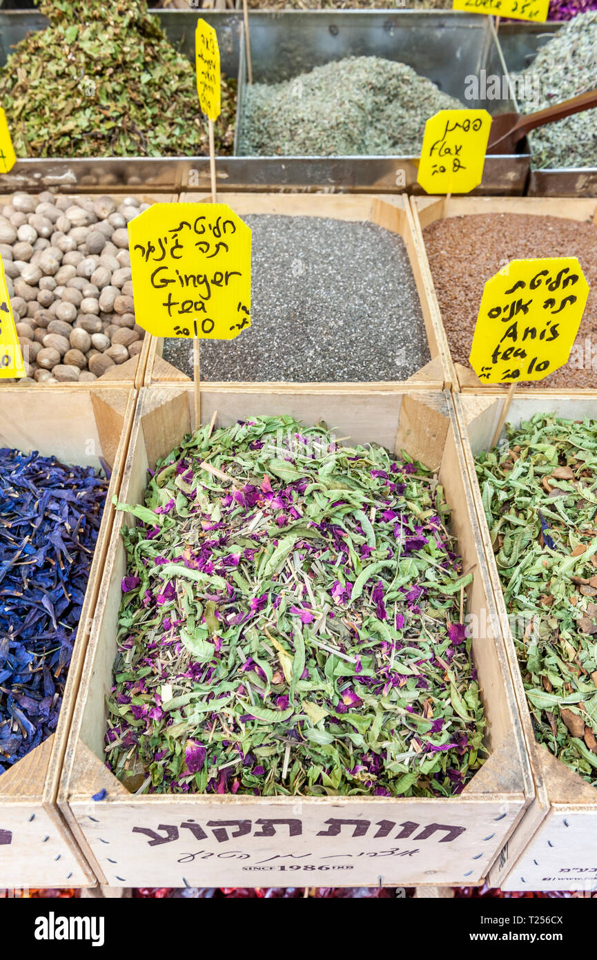 Israel, Tel Aviv-Yafo - 29 March 2019: Different types of tea sold in ...