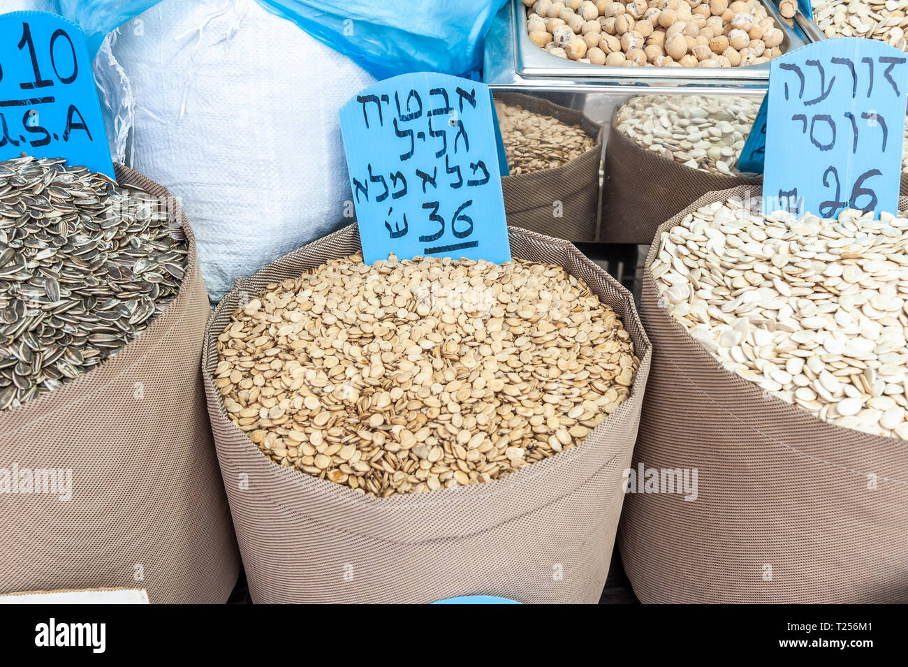 Israel, Tel Aviv-Yafo - 29 March 2019: Watermelon seeds sold in shuk ...