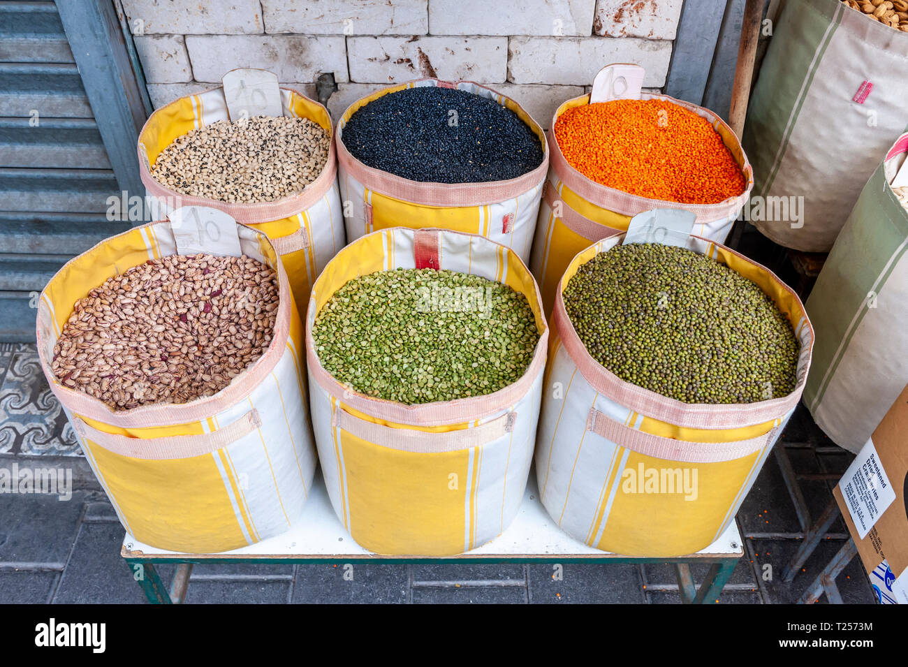 Israel, Tel Aviv-Yafo - 29 March 2019: Different types of beans sold in ...
