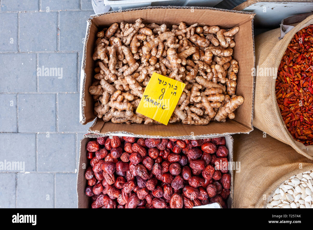 Israel, Tel Aviv-Yafo - 29 March 2019: Tumeric sold in shuk Levinsky ...