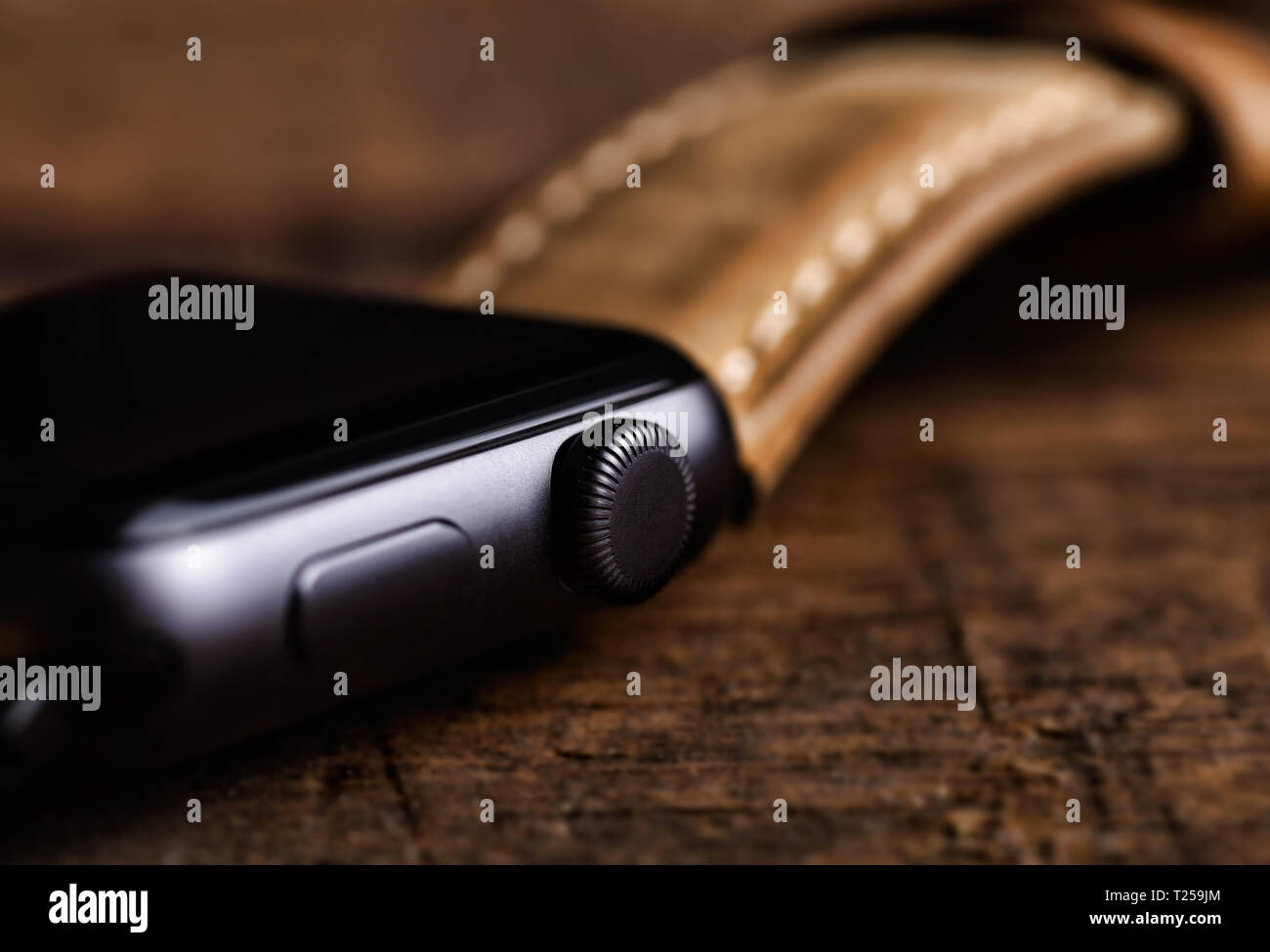 Generic design smartwatch with genuine leather band,strap on wooden ...