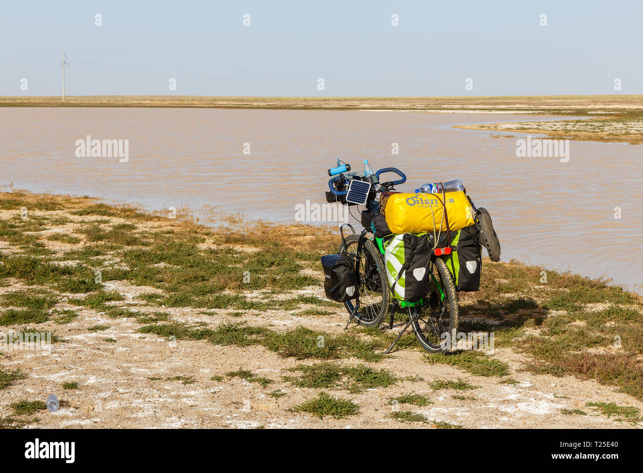 Zamiin-Uud, Mongolia - September 22, 2018: Touring bike stands near a ...