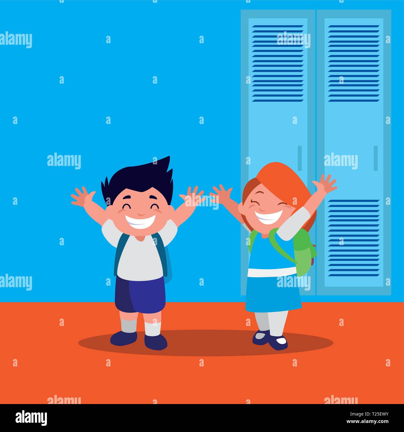 happy little school kids in the school corridor vector illustration ...