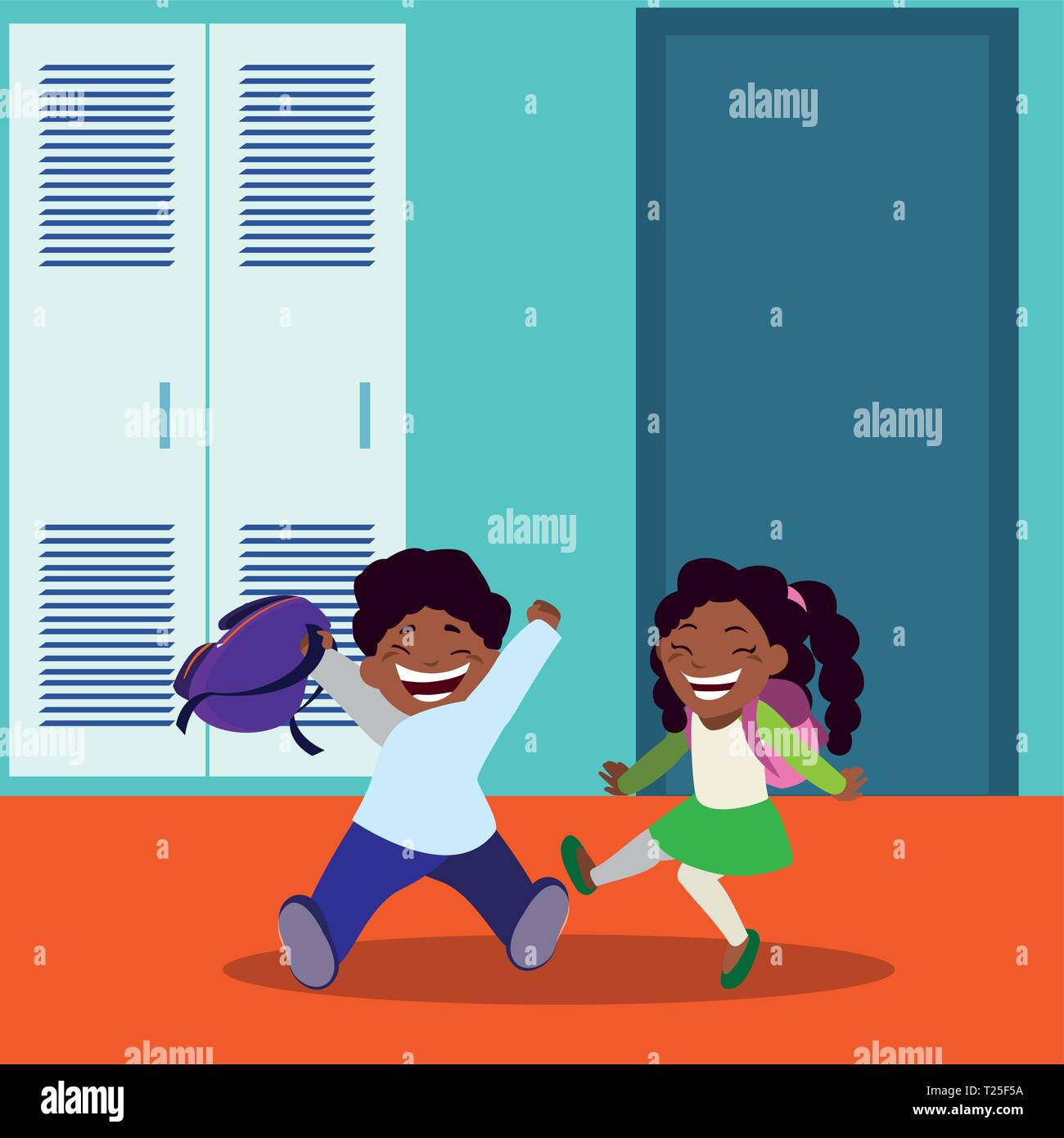 happy little black school kids in corridor vector illustration design ...