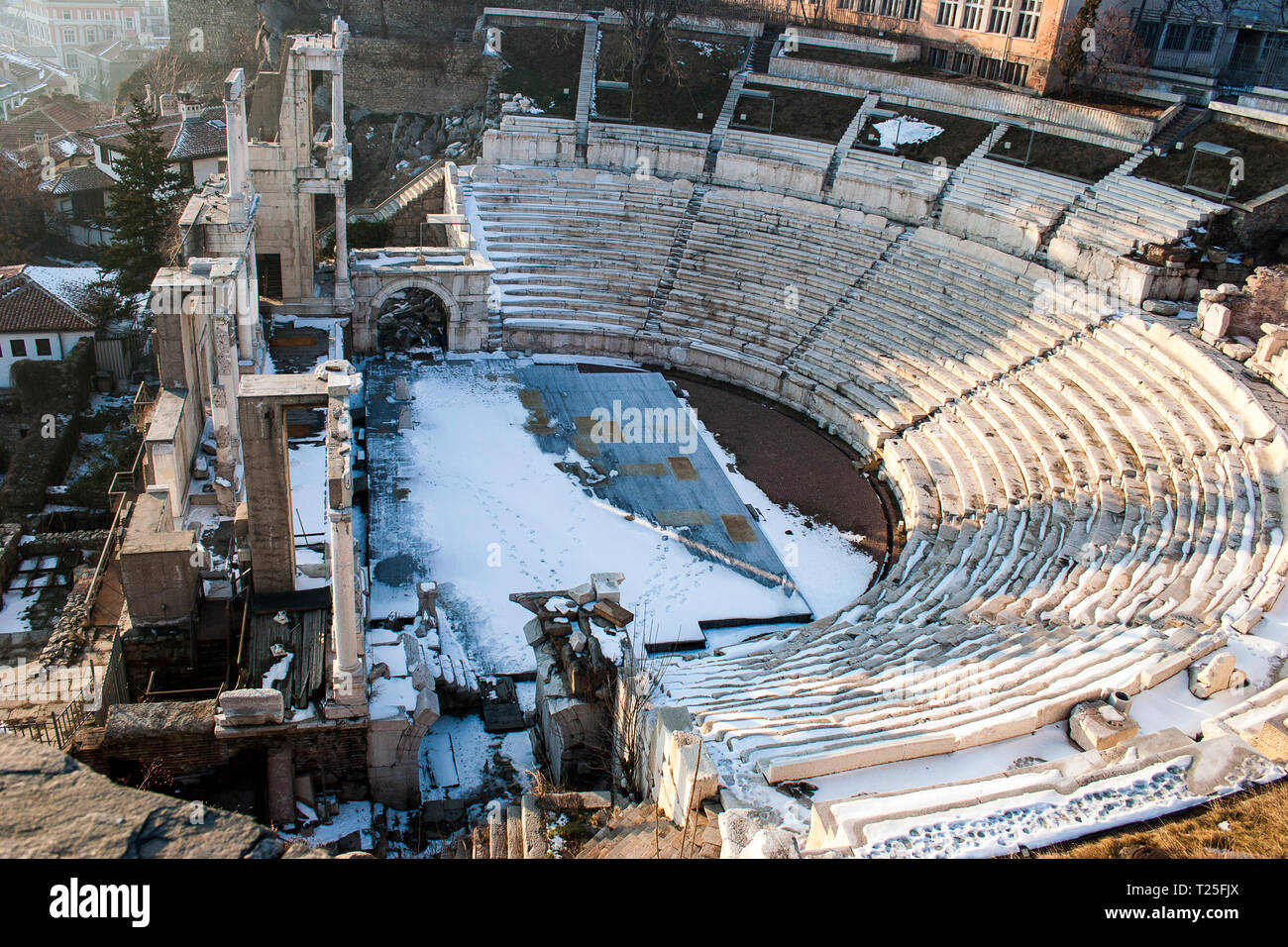 Plovdiv Roman amphitheatre covered in snow in winter, Bulgaria Stock ...