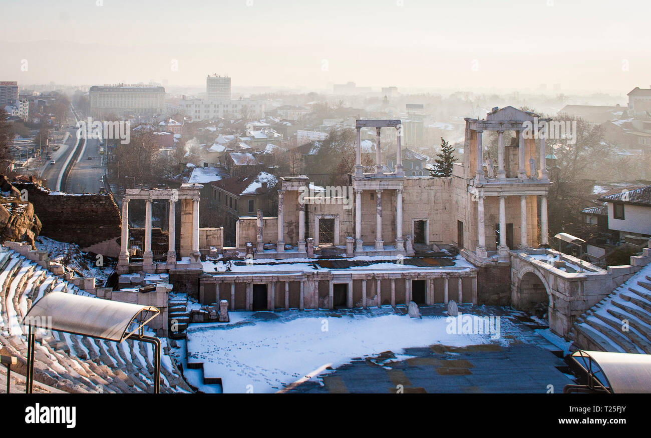 Plovdiv Roman amphitheatre covered in snow in winter, Bulgaria Stock ...
