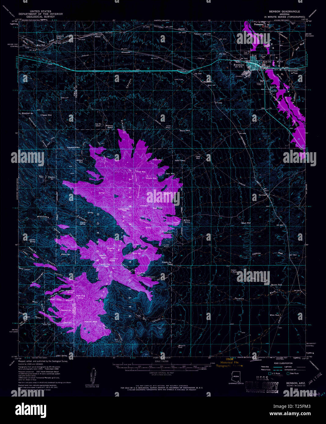 USGS TOPO Map Arizona AZ Benson 314361 1958 62500 Inverted Restoration ...