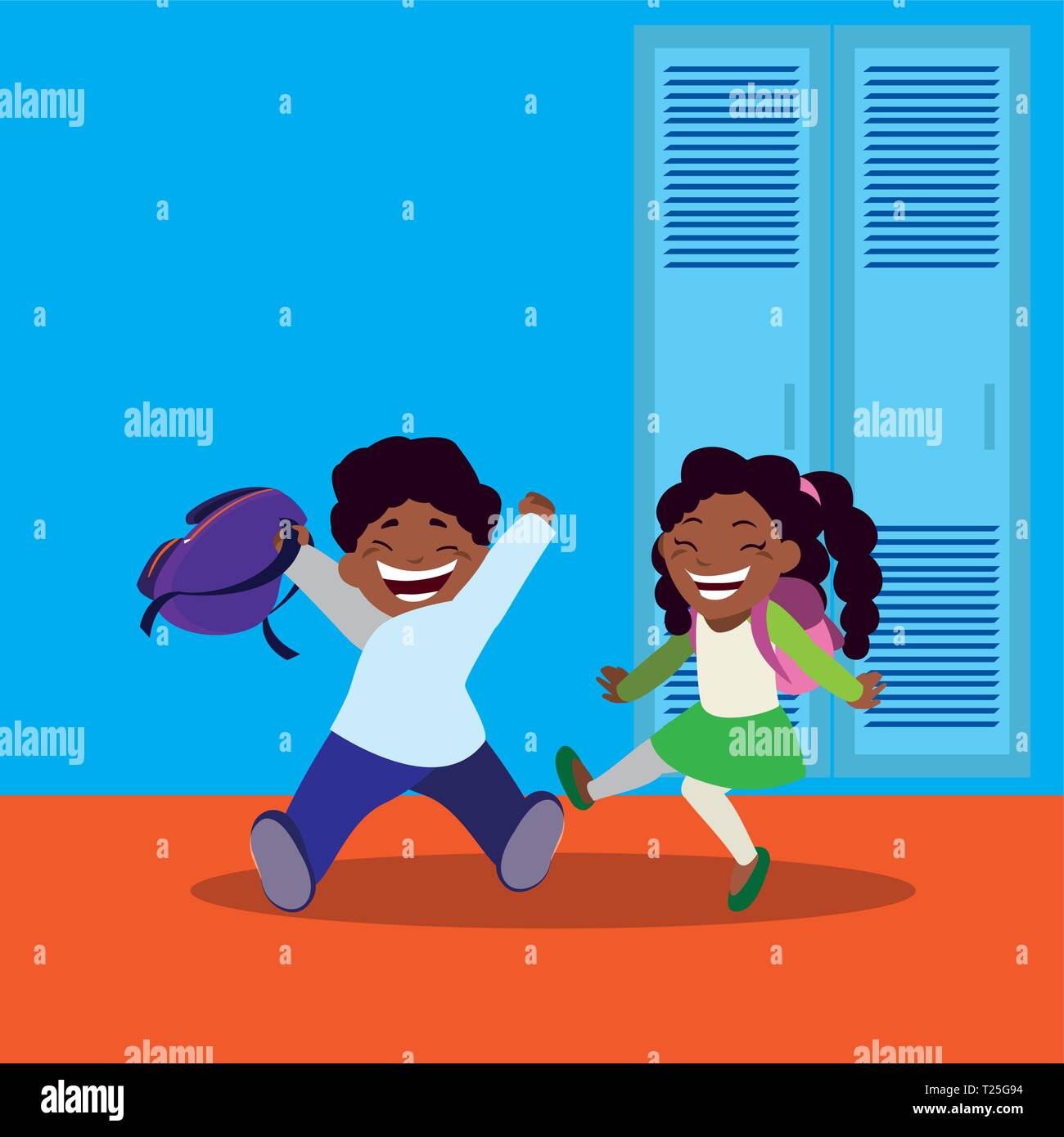 happy little black school kids in corridor vector illustration design ...