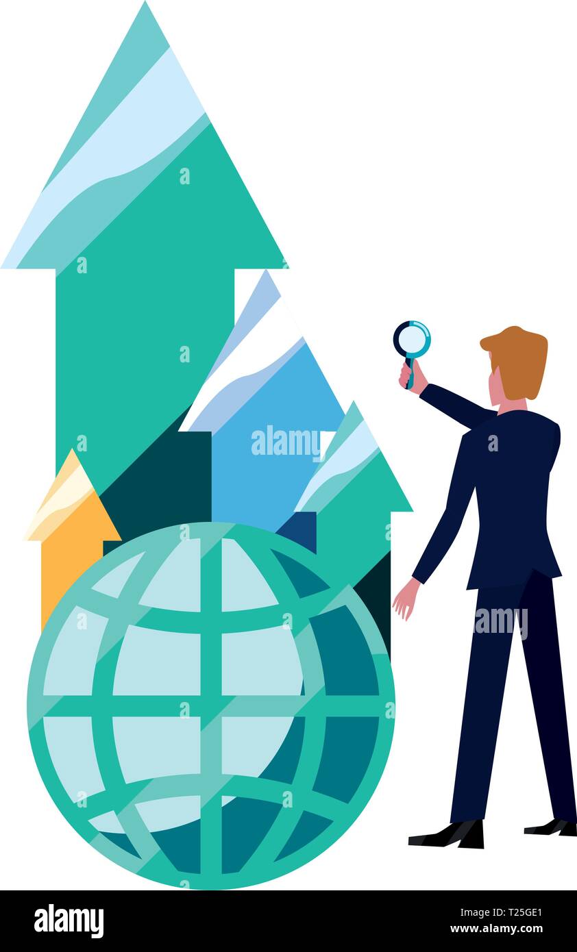 businessman with magnifier world arrows bank vector illustration vector ...