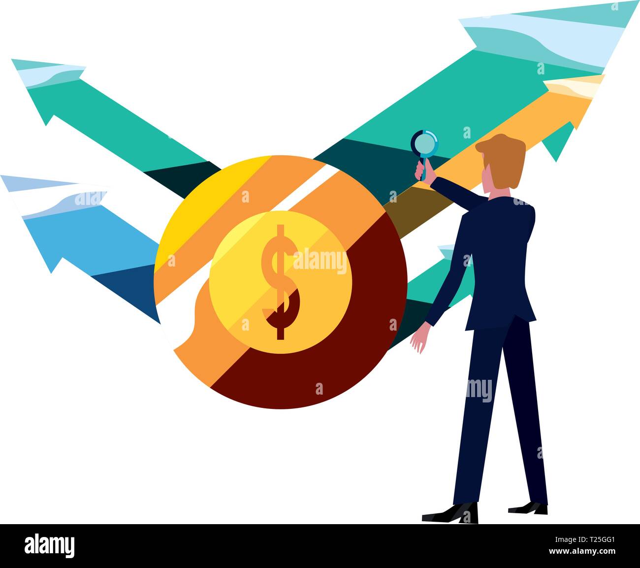 businessman with magnifier money coin arrows bank vector illustration vector illustration Stock ...