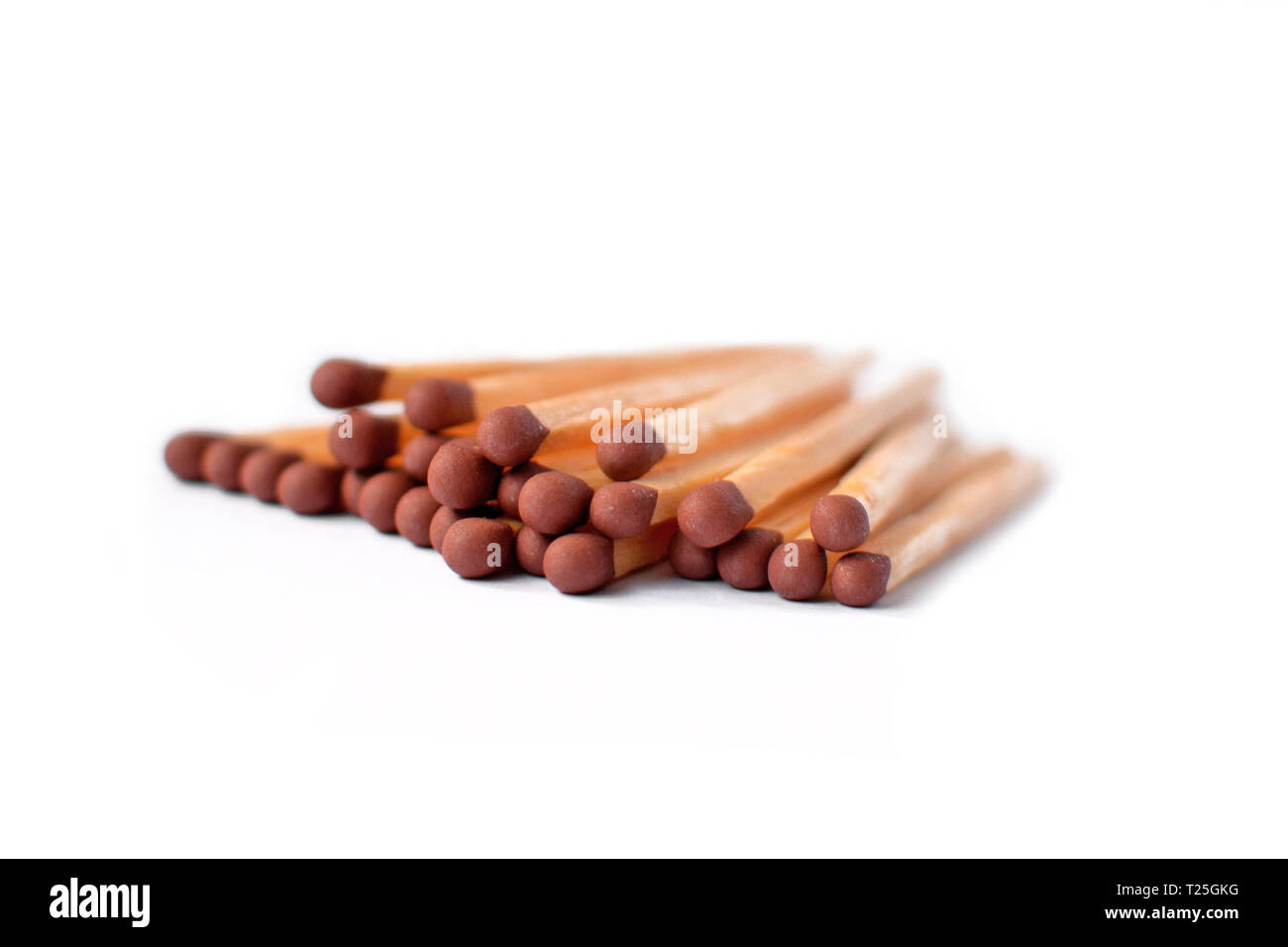 Pile of wooden matchsticks with brown heads isolated on white ...