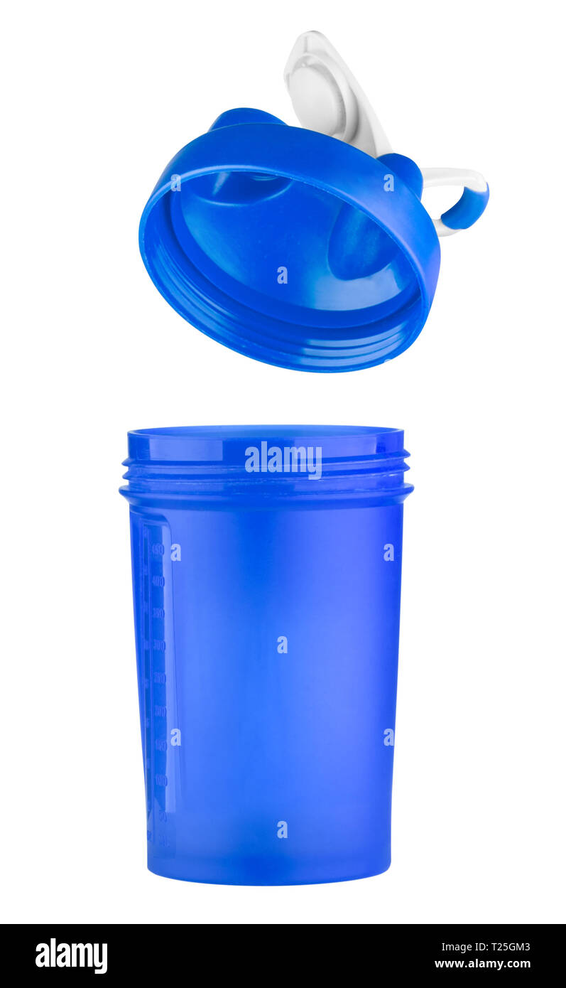 Blue shaker for sports nutrition with an open lid. Isolated on white ...