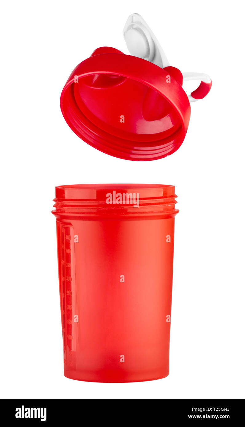 Red shaker for sports nutrition with an open lid. Isolated on white ...