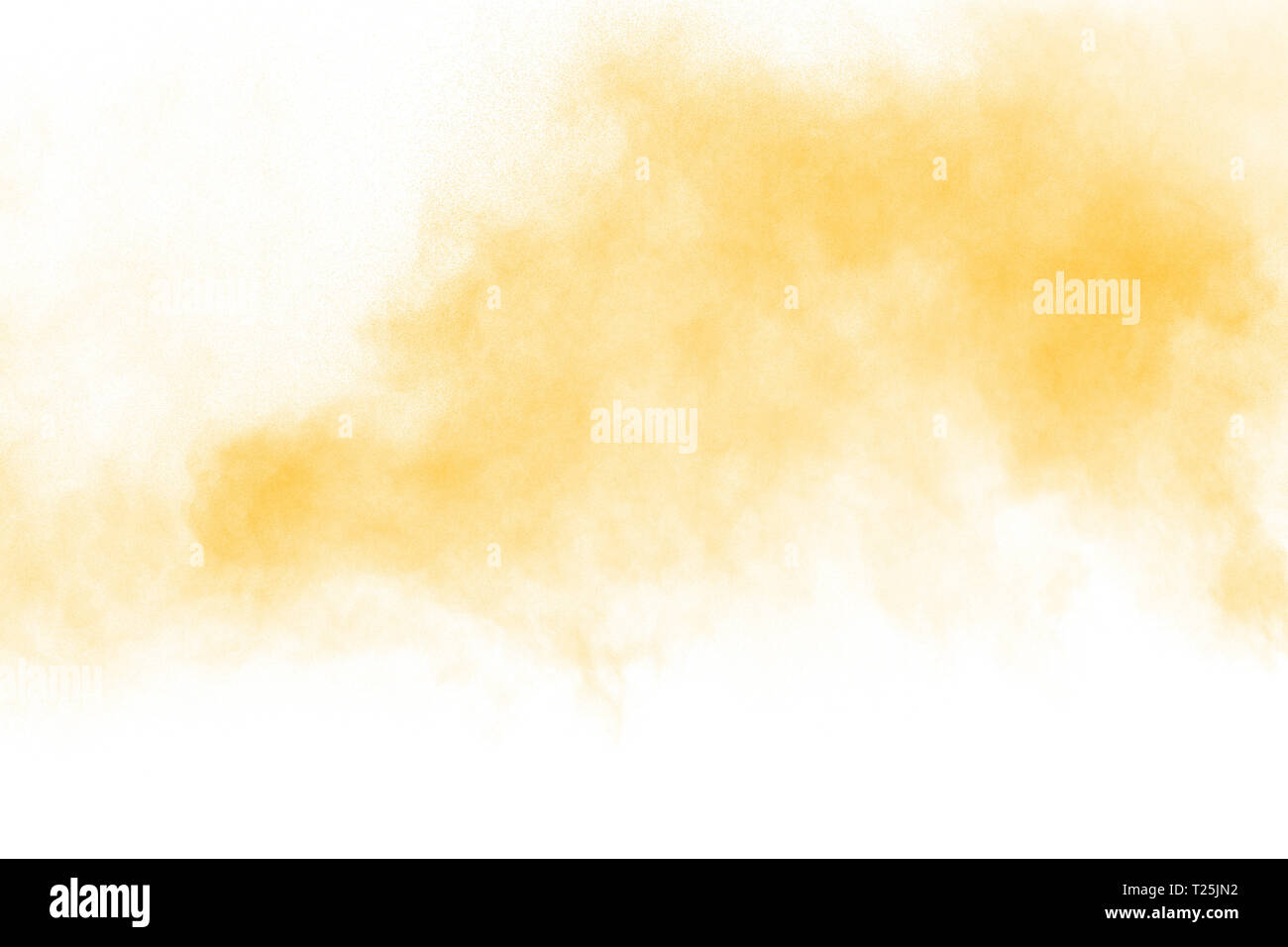 Yellow color powder splatter on white background. Color particles ...