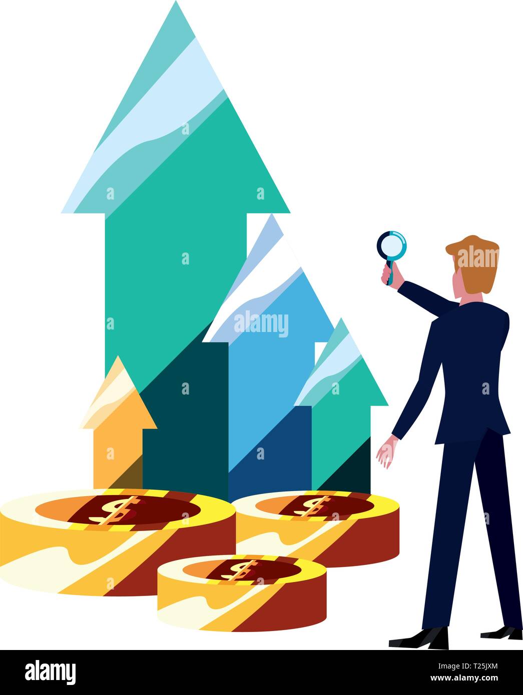 businessman with magnifier money arrows bank vector illustration vector ...