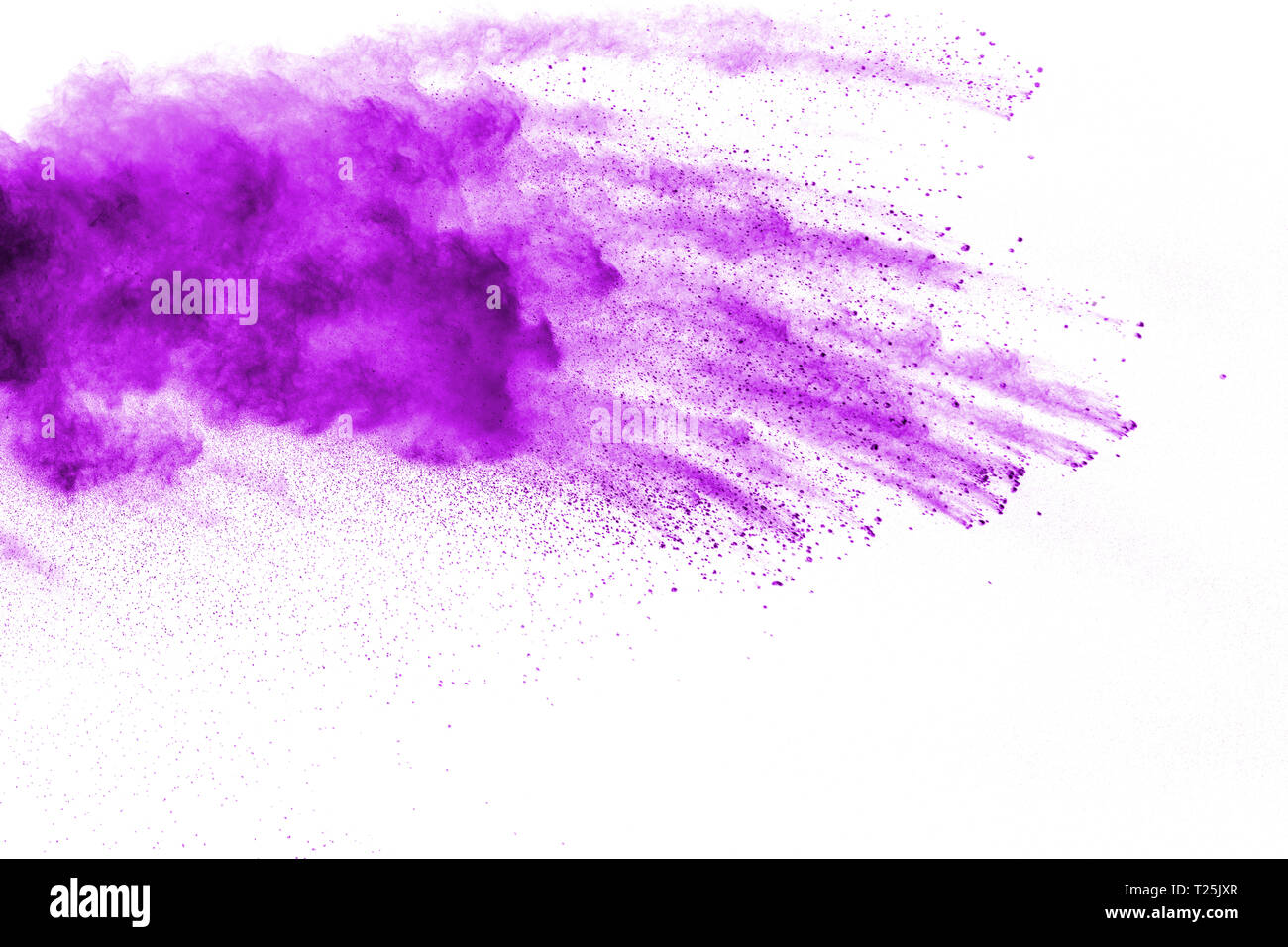 Purple color powder explosion cloud on white background.Closeup of ...
