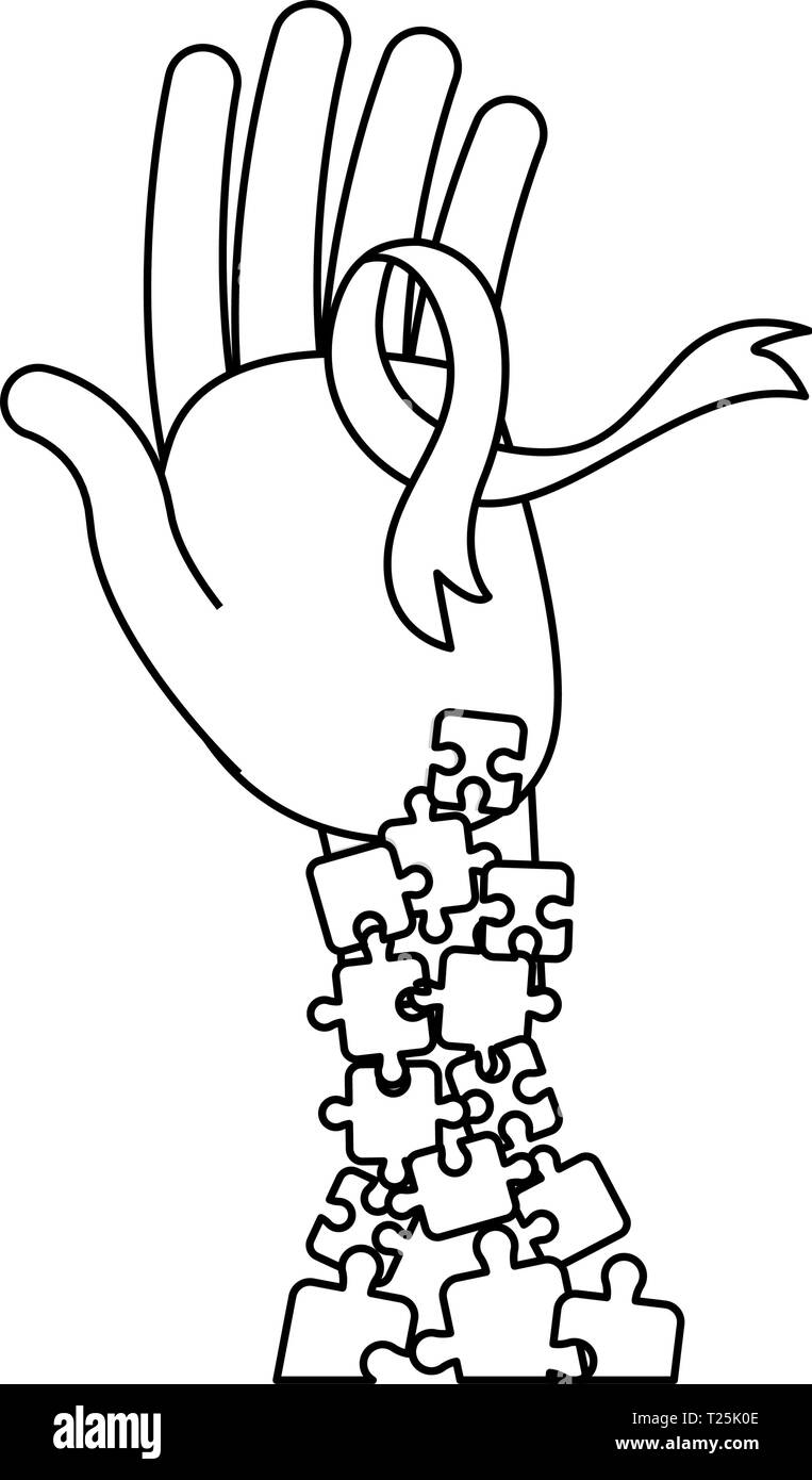 hand with ribbon puzzles autism awareness day vector illustration Stock ...
