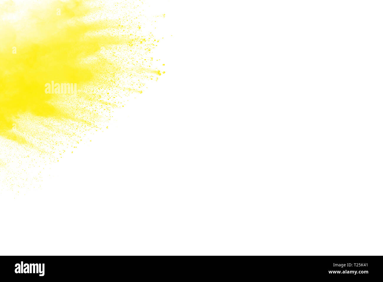 Yellow color powder splatter on white background. Color particles ...