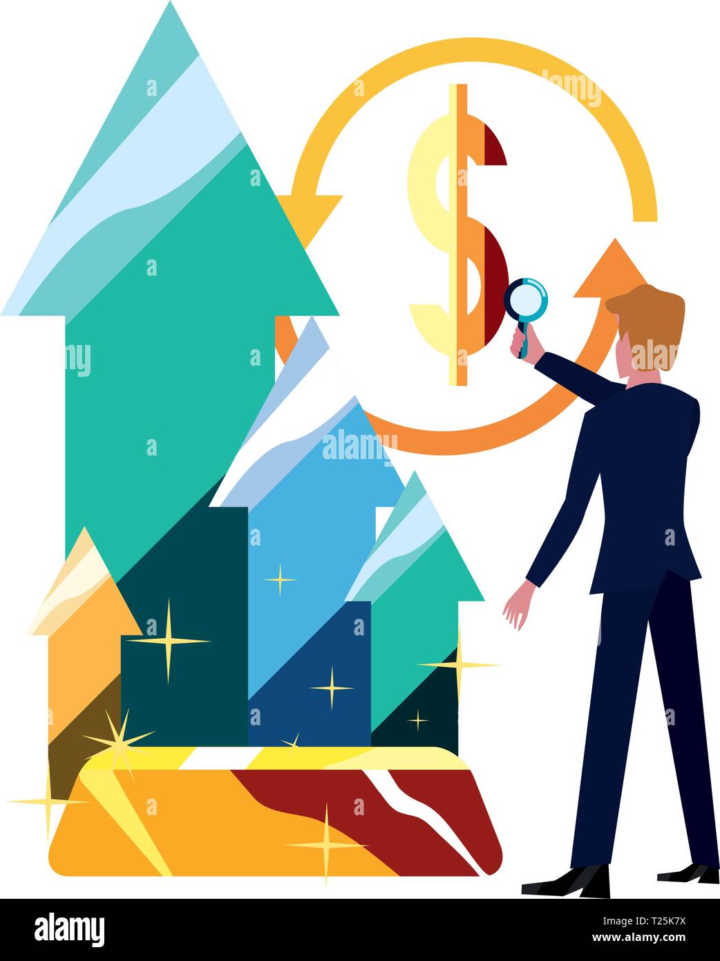 businessman with magnifier gold bar arrows exchange vector illustration ...