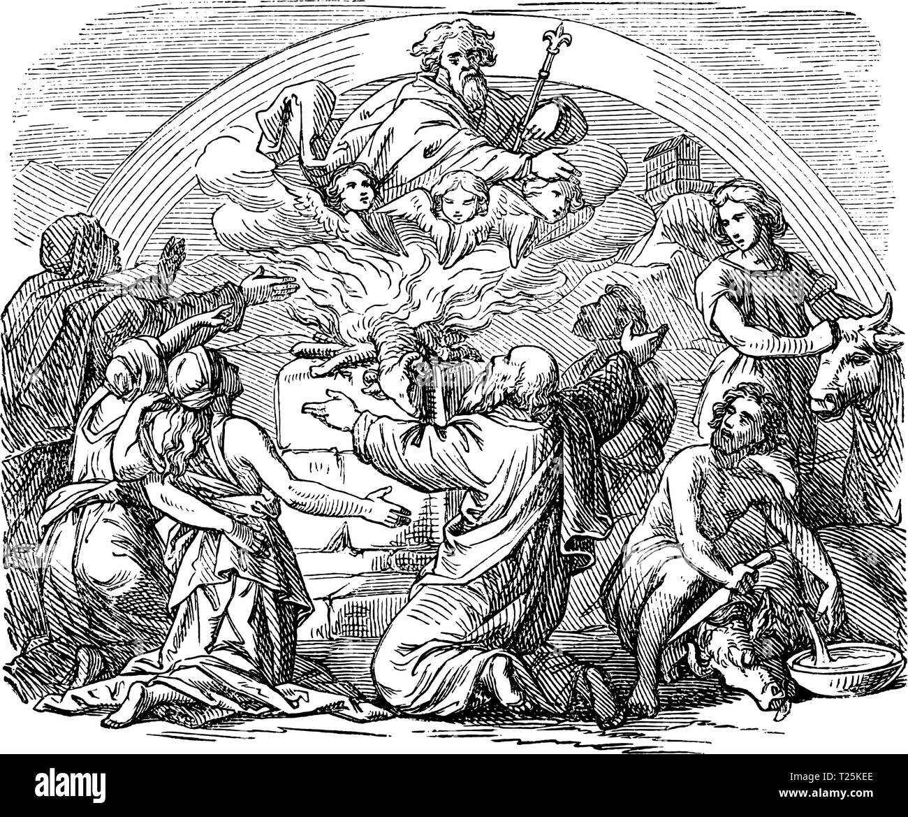 Vintage antique illustration and line drawing or engraving of biblical ...