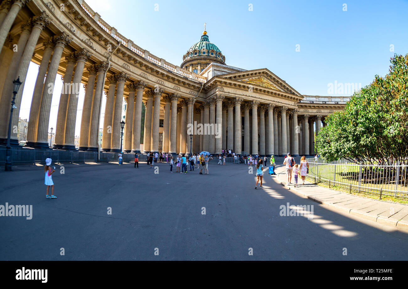 Saint Petersburg, Russia - August 10, 2018: Facade with columns of the Kazan Cathedral in St ...