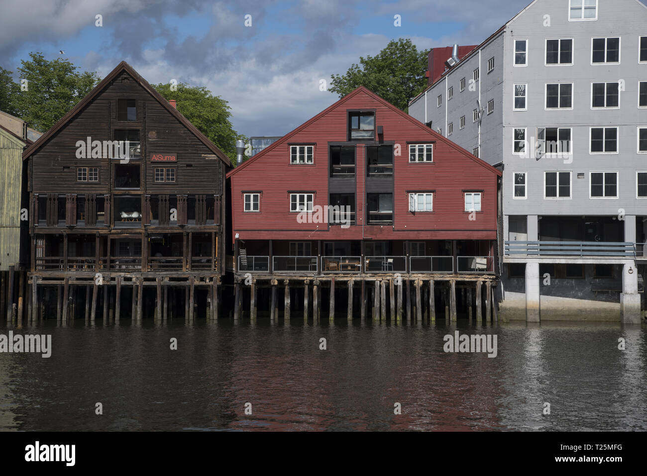wooden store houses along Nidelva River in Trondheim in Norway Stock ...