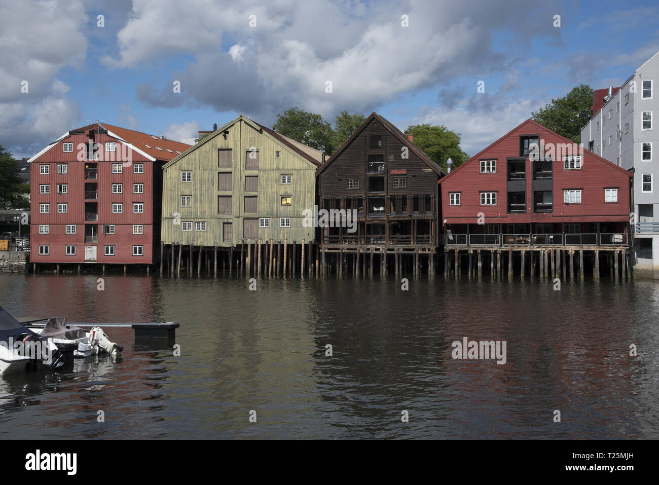 wooden store houses along Nidelva River in Trondheim in Norway Stock ...