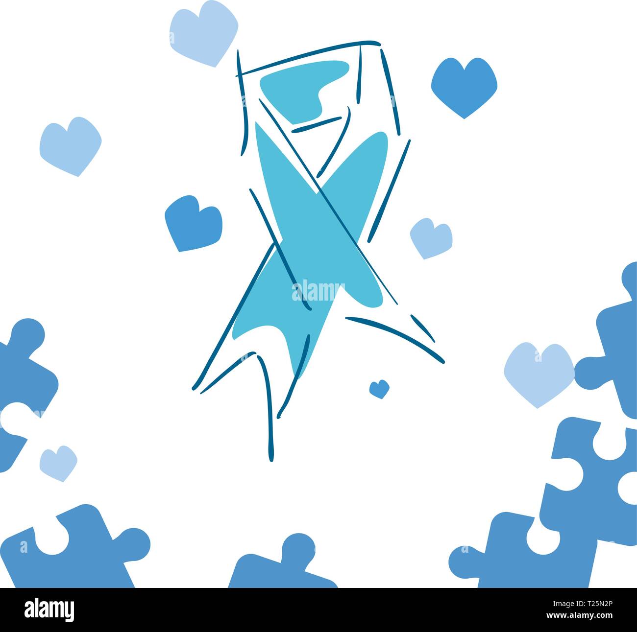 blue ribbon puzzles hearts autism awareness day vector illustration ...