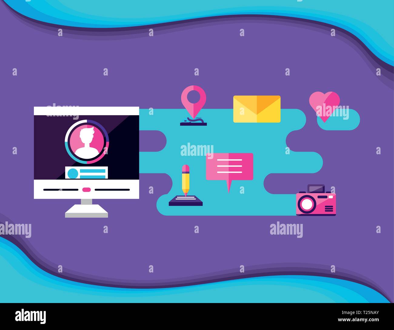 computer desktop with social media icons vector illustration design ...