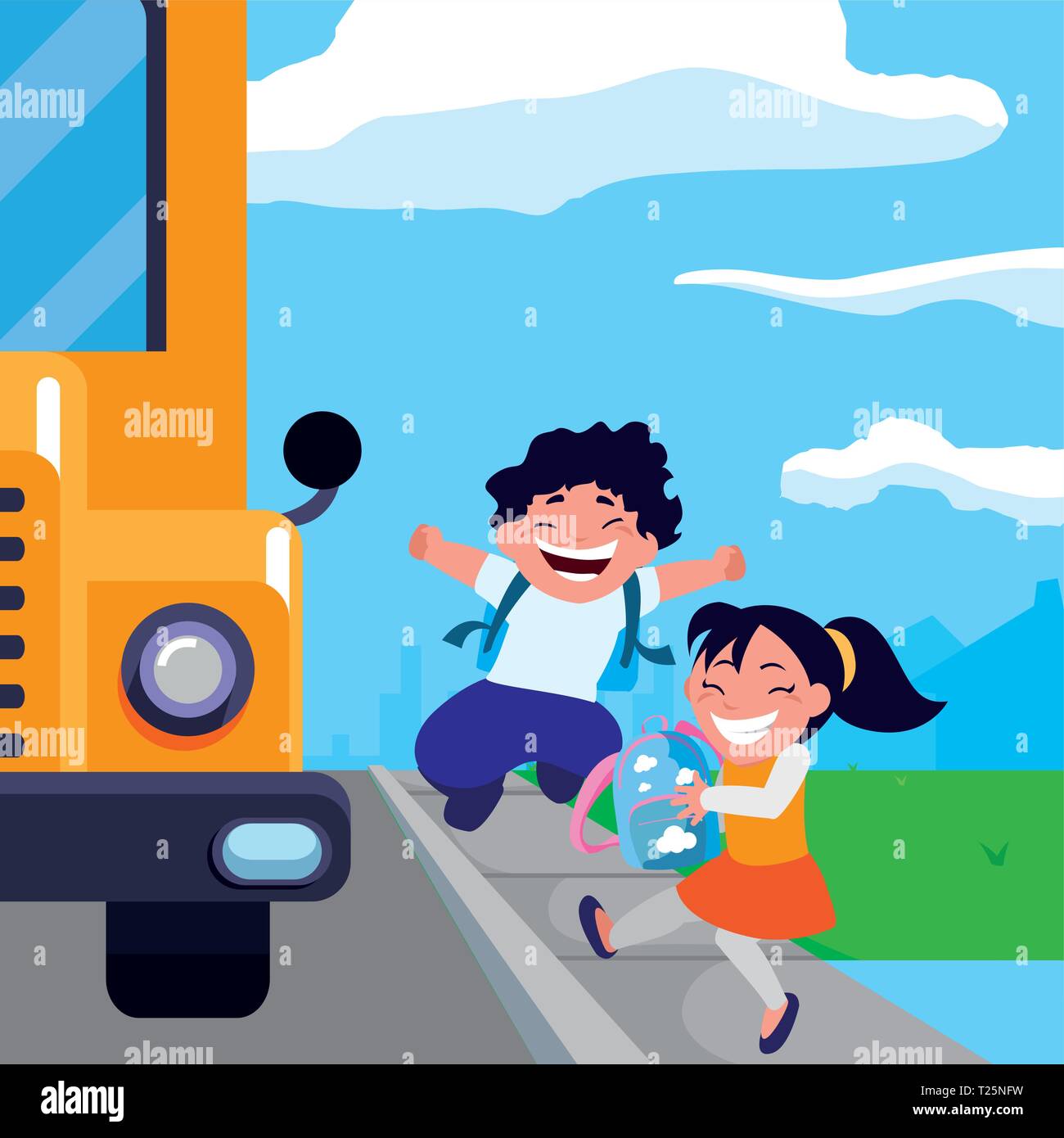 happy little school kids in the bus stop vector illustration design ...