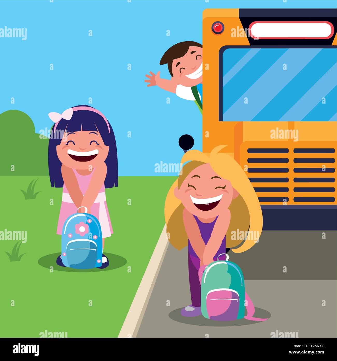 happy little school kids in the bus stop vector illustration design ...