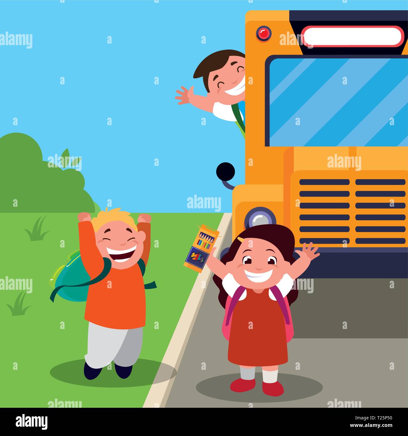 happy little school kids in the bus stop vector illustration design ...