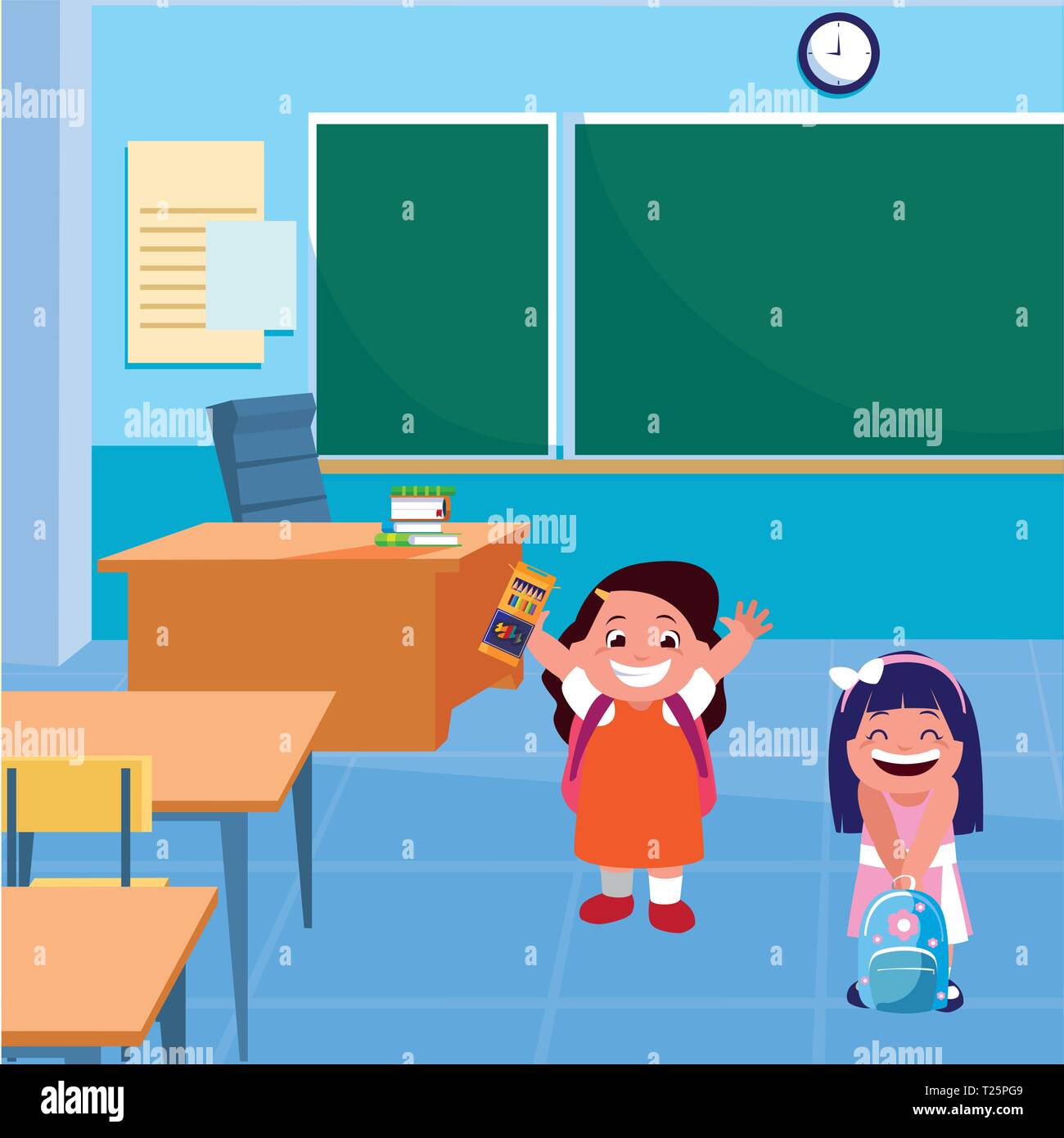 happy little school girls in the classroom vector illustration design ...