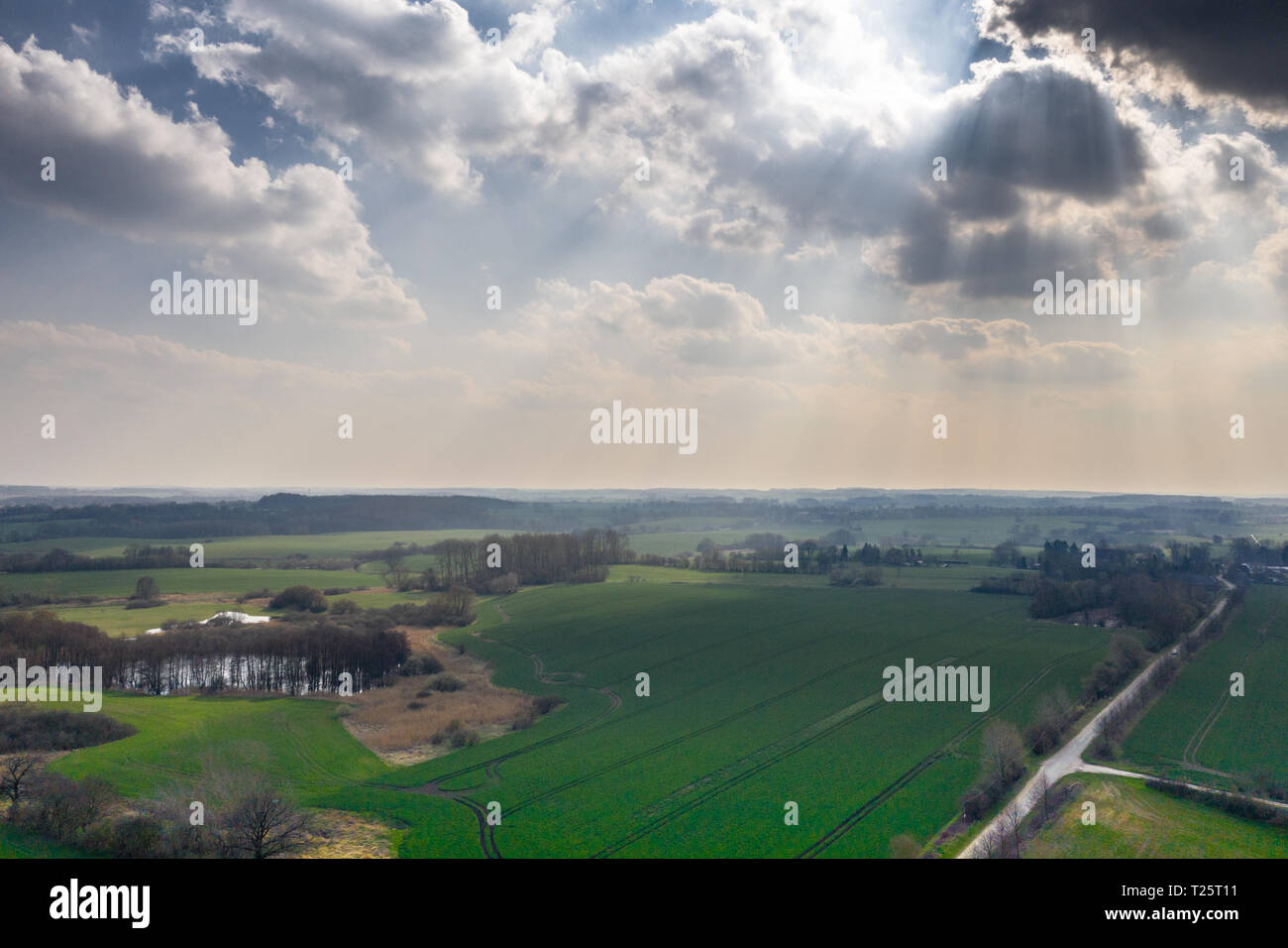 Drone photo of a green lake landscape in spring Stock Photo - Alamy